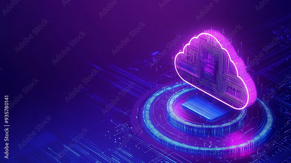 Futuristic 3D illustration of cloud technology, neon purple cloud icon ...