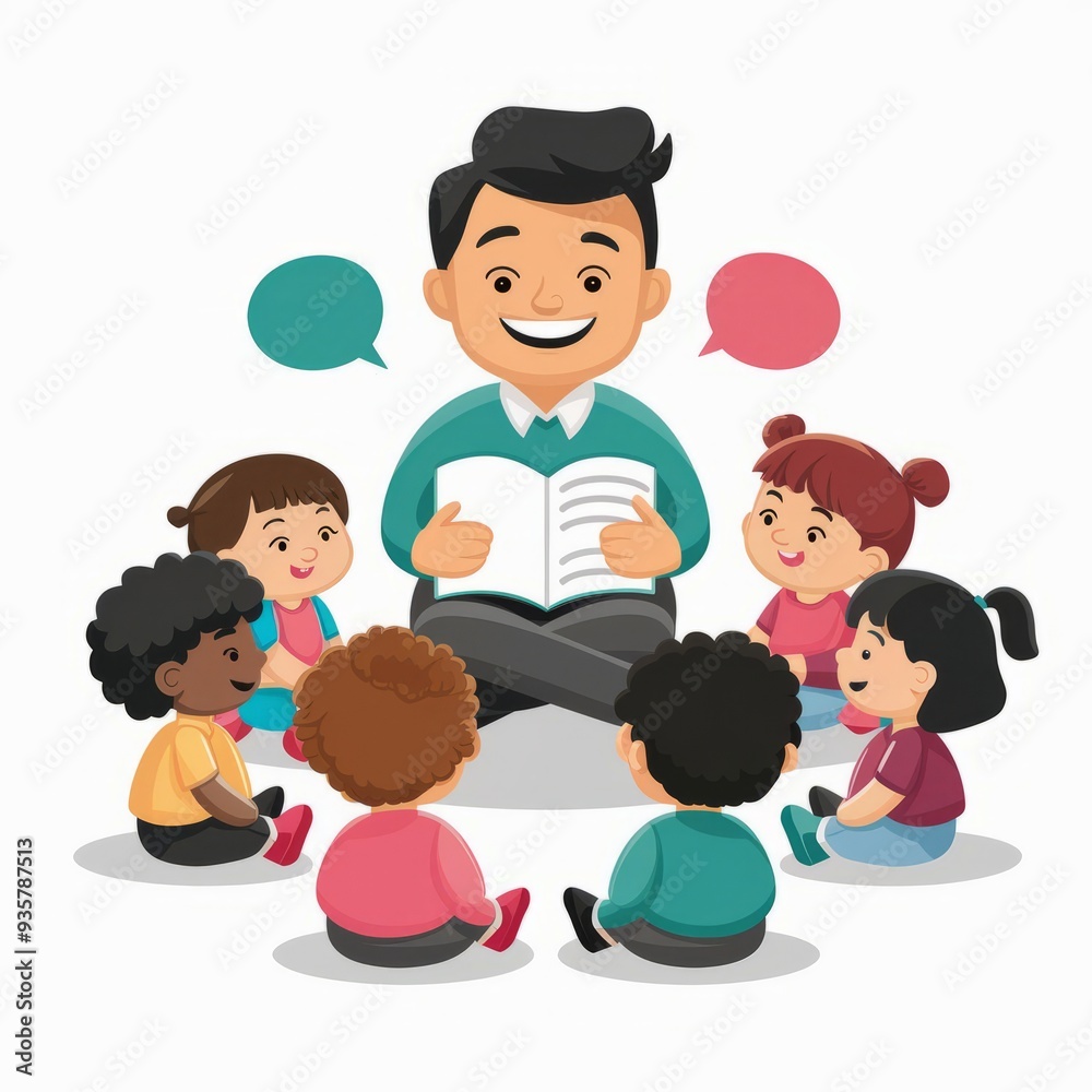 A male kindergarten teacher sits on the floor surrounded by children ...