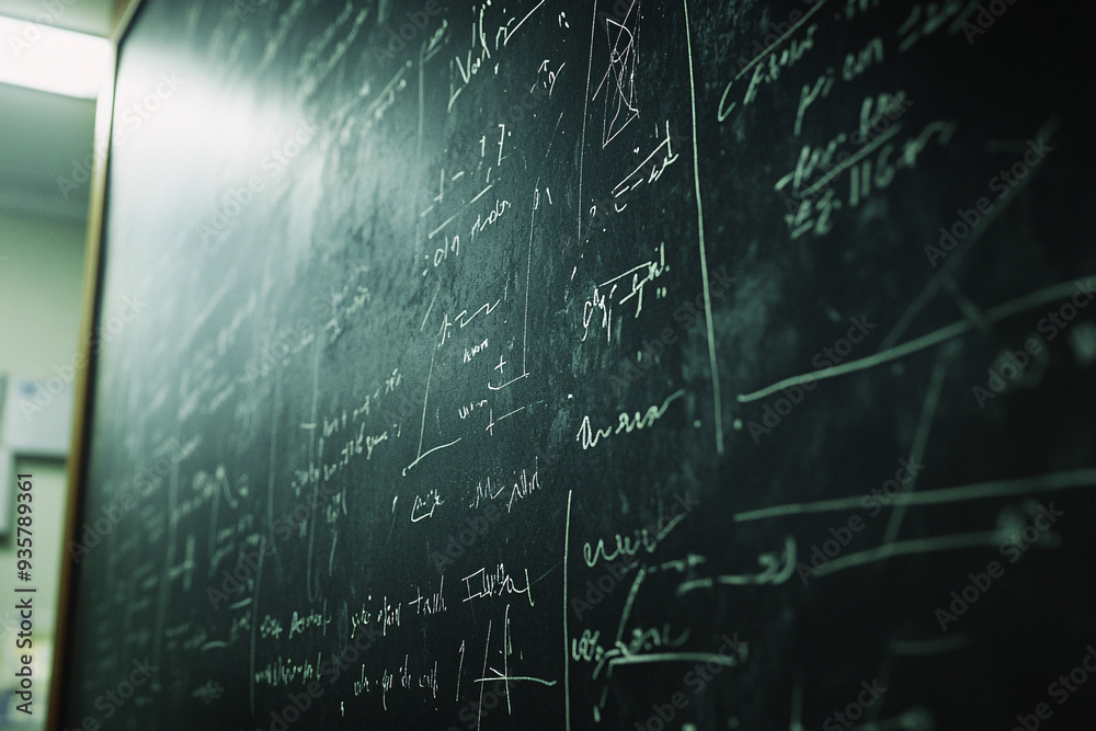 classroom chalkboard filled with complex mathematical equations written ...