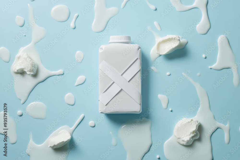 A milk carton marked with an X spills milk across a blue surface ...