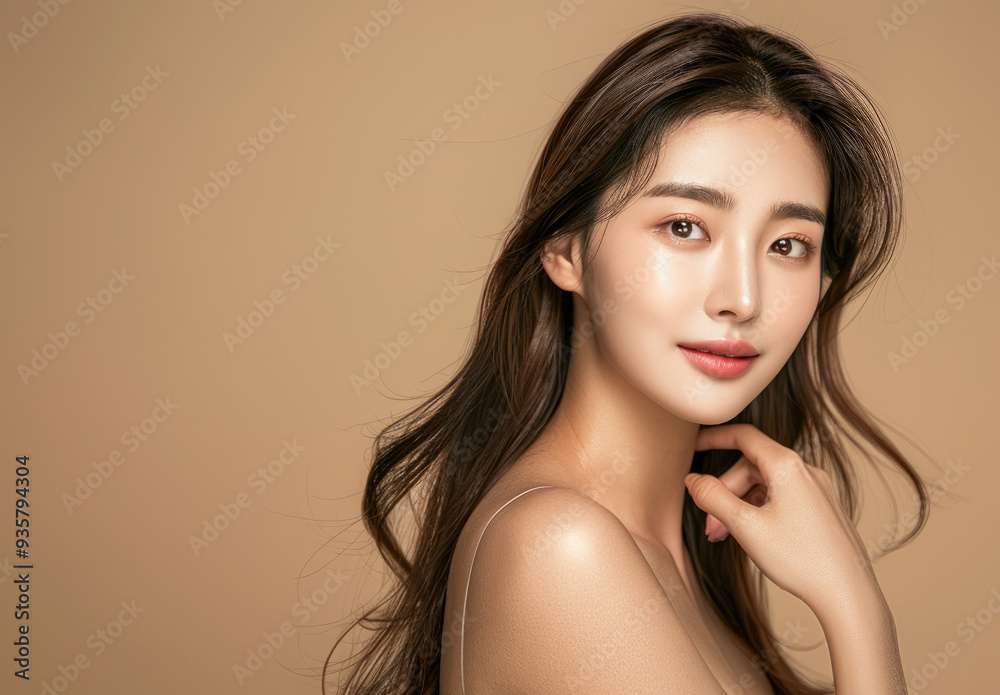 A beautiful Korean woman in her twenties with smooth skin, applying ...