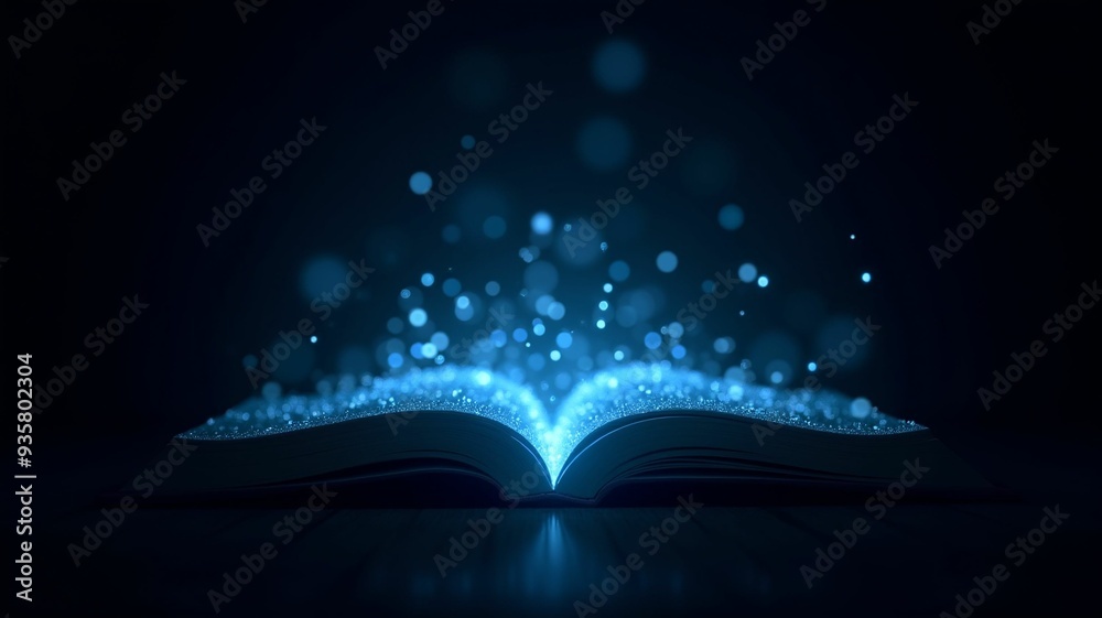book with blue digital rays, particles and glowing on black background ...