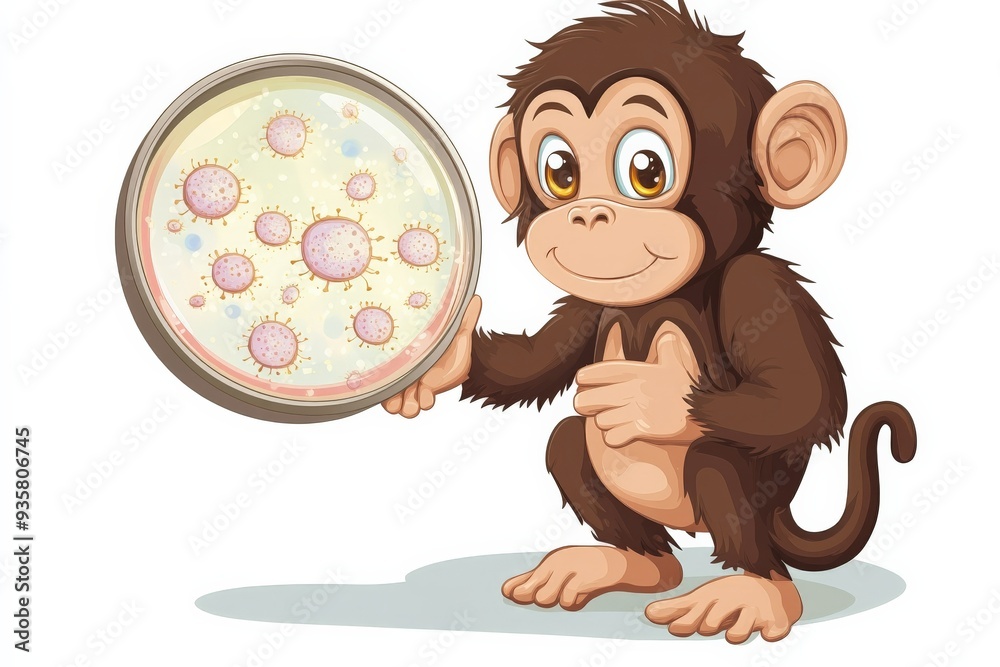 A friendly cartoon monkey is shown smiling and holding up a petri dish ...