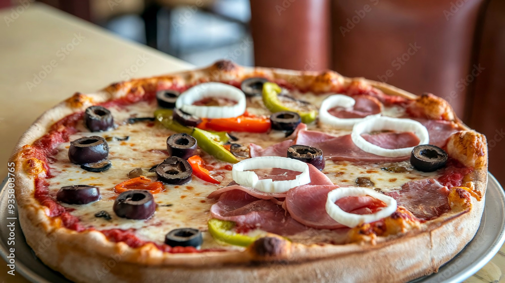 Chicago-style deep-dish Supreme pizza with olives, peppers, ham, onions ...