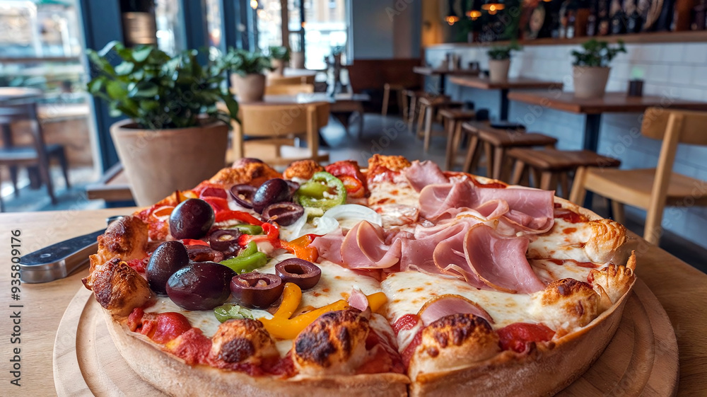 Chicago-style deep-dish Supreme pizza with olives, peppers, ham, onions ...