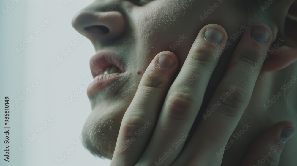 A close-up of a person’s face, tensed in pain, as they press their ...