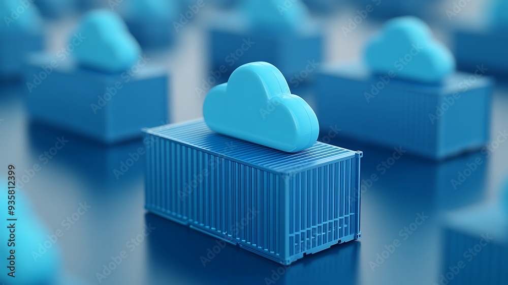 Multiple blue shipping containers with blue cloud symbols on top ...