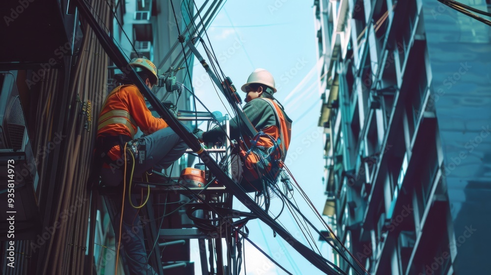 Two workers in safety gear, high above the ground on scaffolding, tend ...