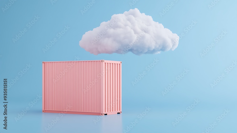 Pink shipping container under a single cloud in a minimal blue ...