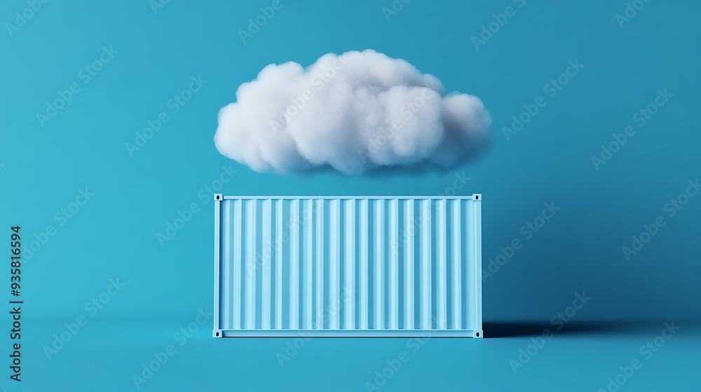 Surreal image of a floating cloud over a blue shipping container in a ...
