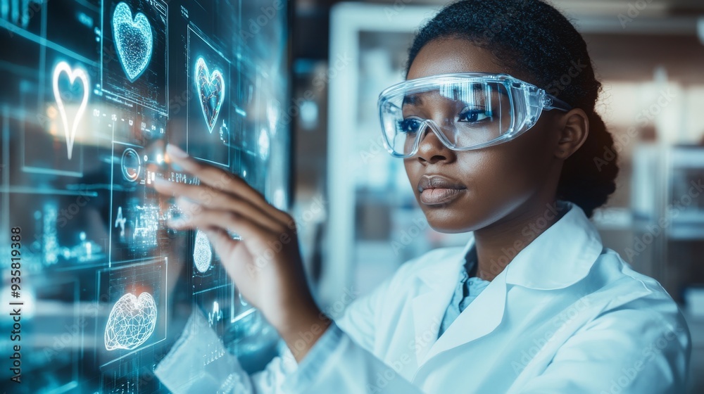 Black female neuroscientist in a radiology orthopedic unit reviewing ...