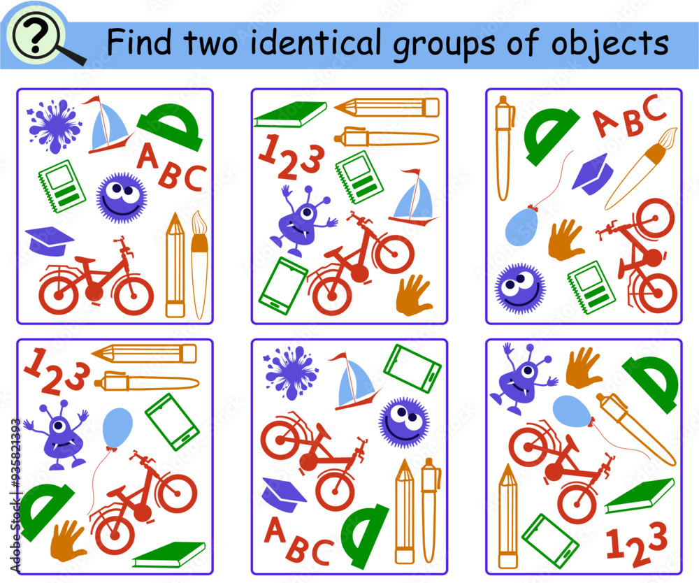 Find two identical groups of objects. Educational logical game for ...