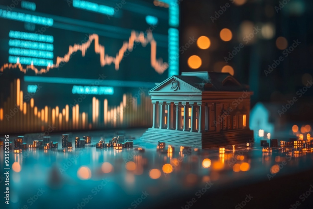 A detailed model of a classic bank, illuminated with warm light bokeh ...