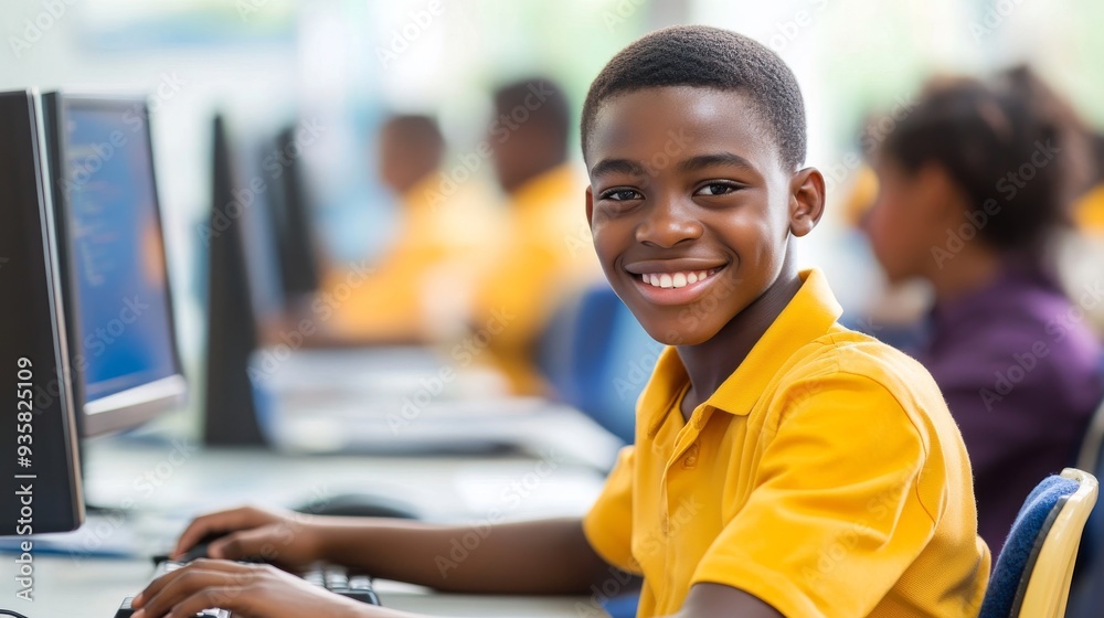 African school pupil studying IT at computer learning digital code ...