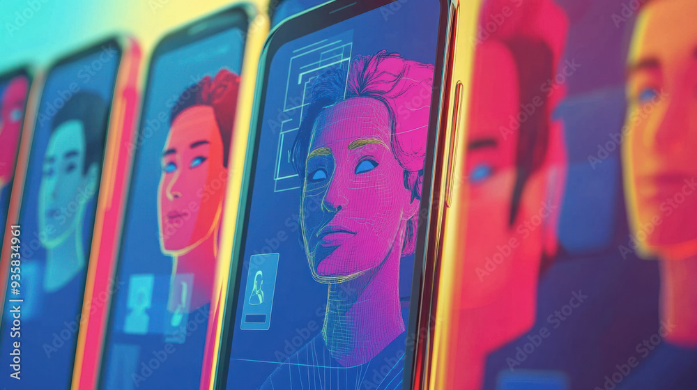 Facial Recognition, Smartphone display illustrating the facial ...