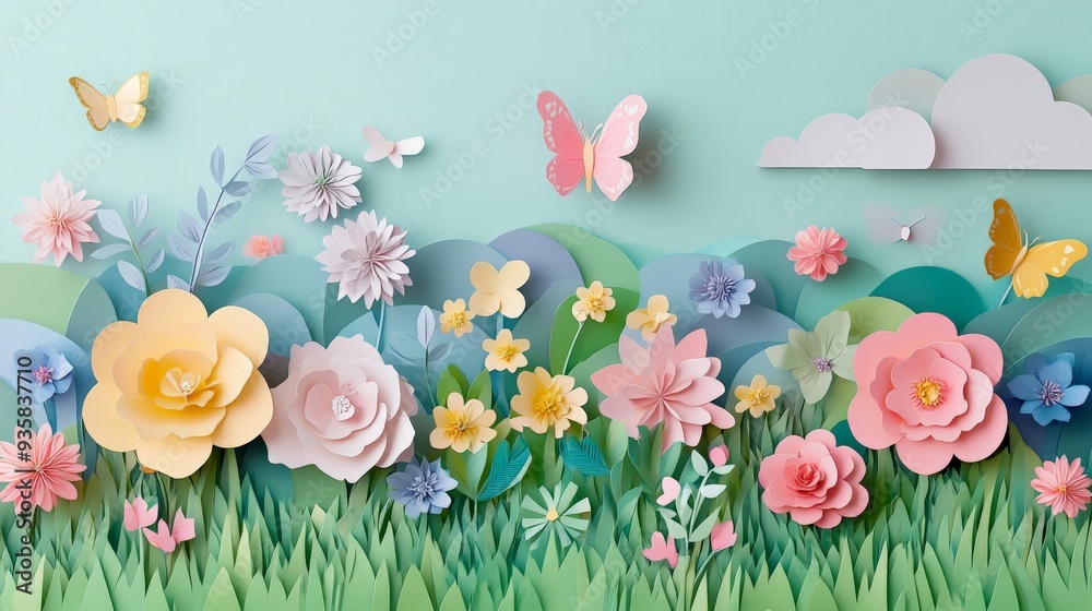A beautifully crafted spring scene showing pastel-hued flowers and an ...