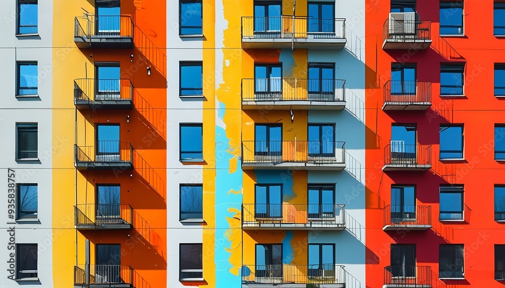 The sides of city buildings are sunny, the exterior walls are painted ...