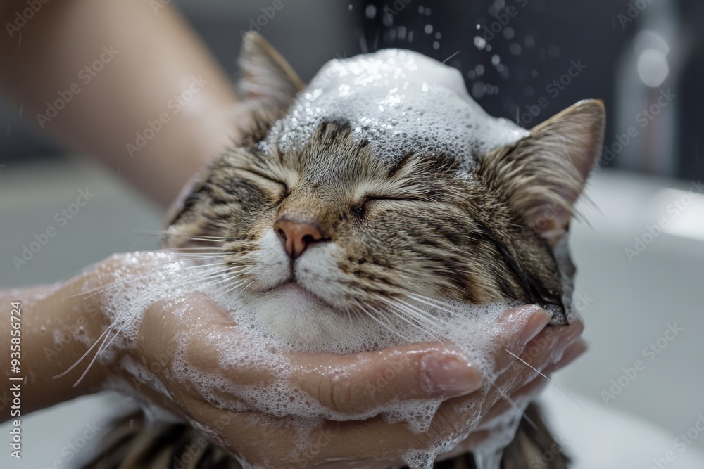 A gray tabby cat is enjoying a soothing bath with a head full of foam ...