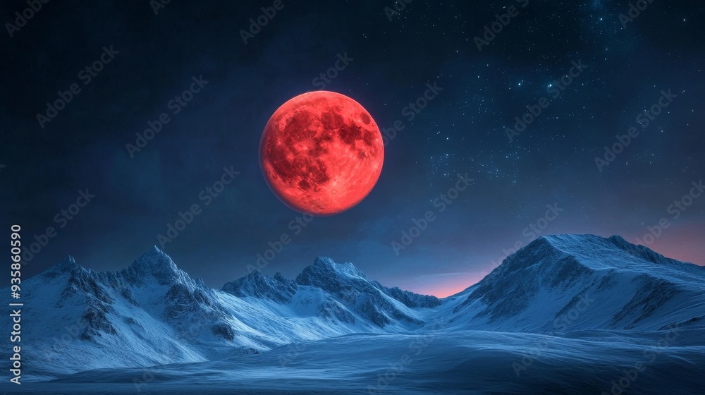 Blood Moon Over Snowy Mountains - A Mystical Night Scene - A blood moon ...