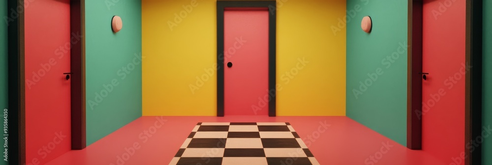 ภาพประกอบสต็อก Colorful Doors and Checkerboard Floor in a Modern ...
