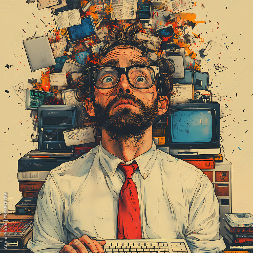 Surreal Illustration of a Human Brain Connected to a Keyboard by Wires ...