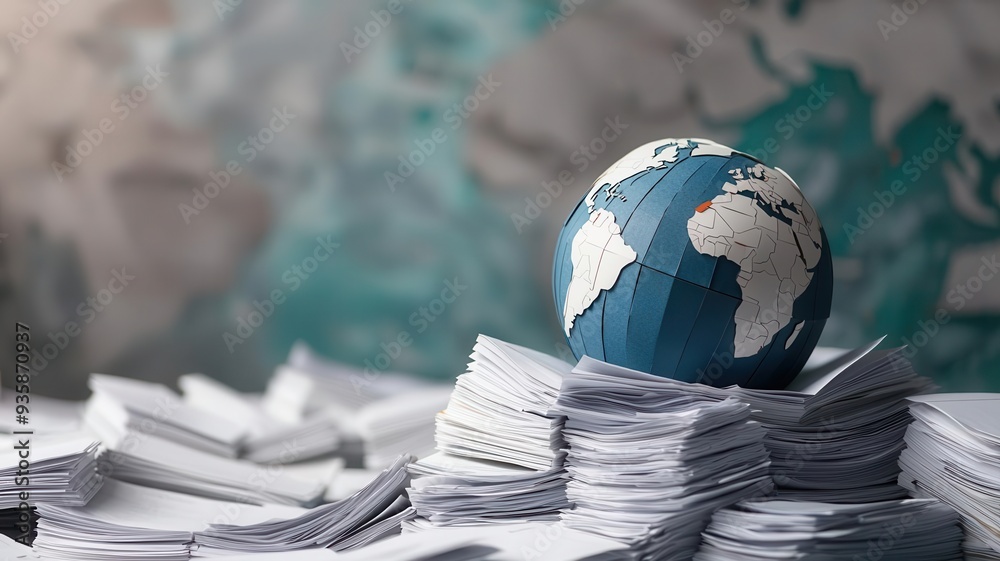 Miniature globe on a stack of documents, symbolizing global business ...