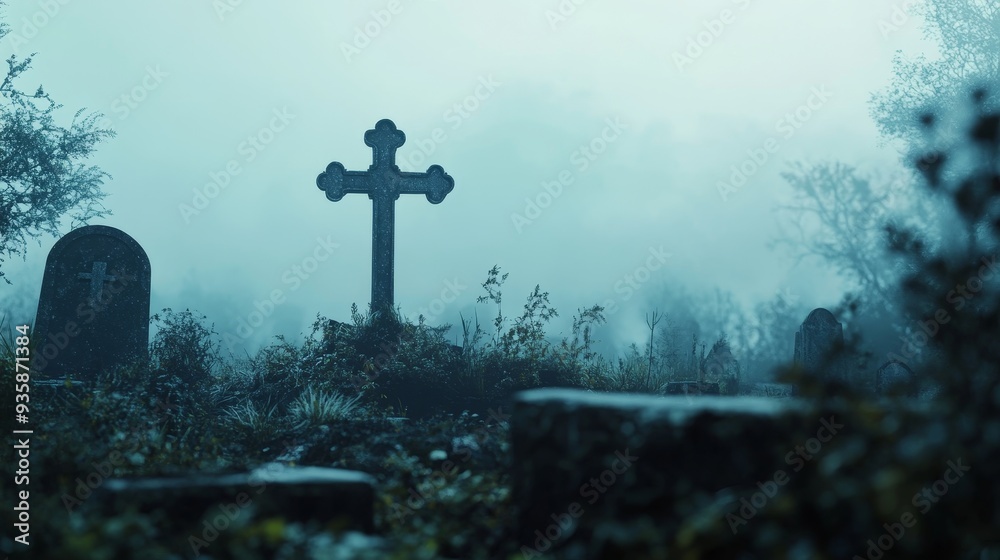 Eerie Fog Envelopes Cemetery Cross - A single cross stands tall amidst ...