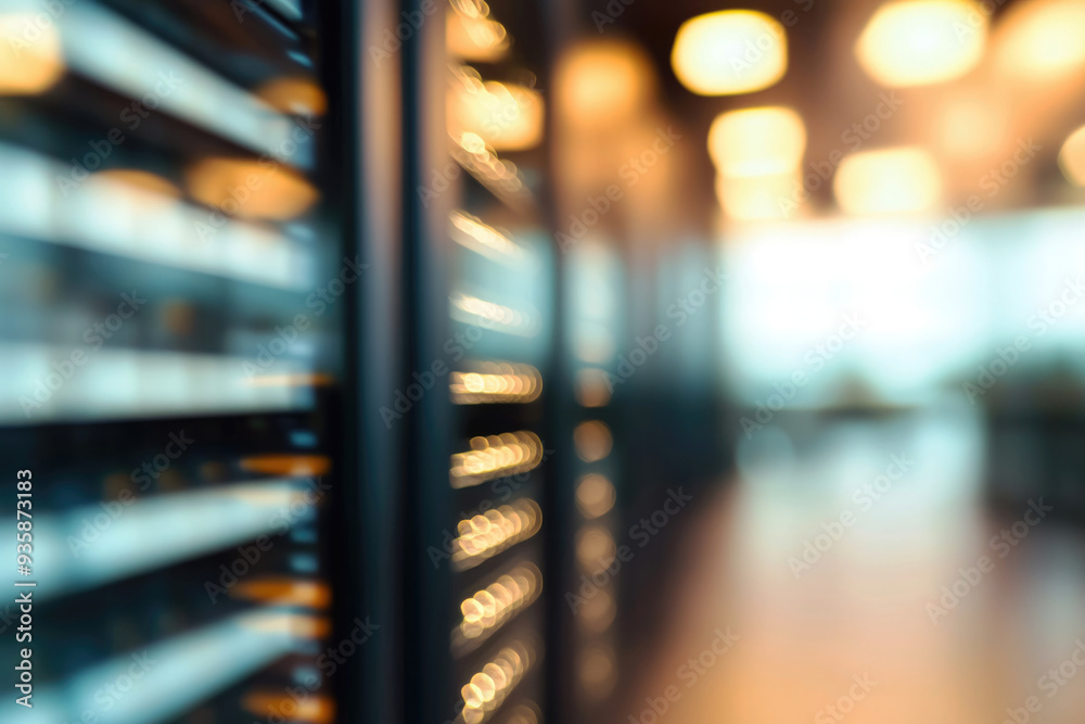 An abstract image of a blurry server room with out-of-focus lights ...