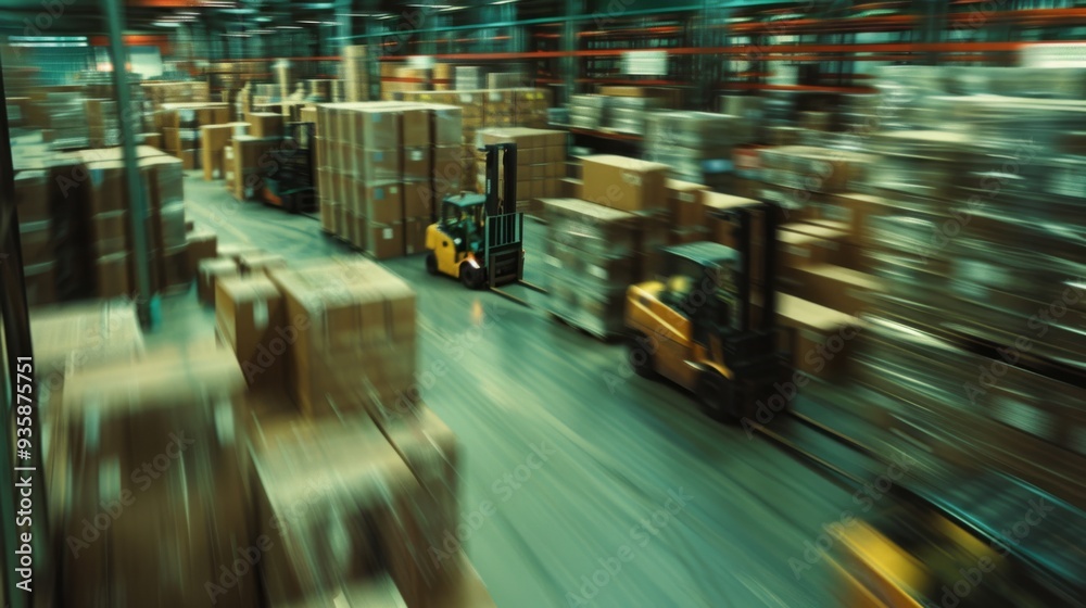 Forklifts move quickly in a vibrant warehouse setting, filled with ...