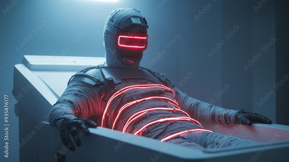 Futuristic Cyborg in a Tub with Neon Lights - A cyborg wearing ...