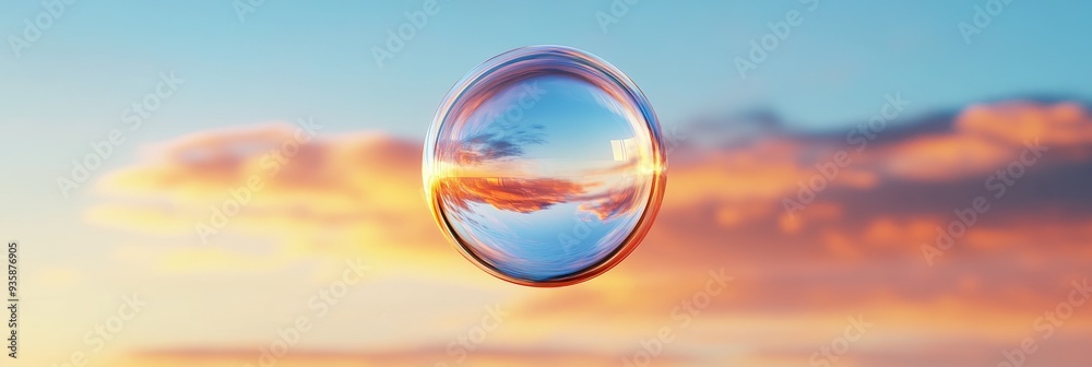 Glass Sphere Reflecting Sunset Sky - A glass sphere floats in a vibrant ...