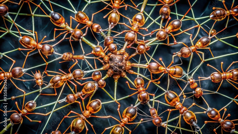 Bird's eye view, ants creating intricate networks, solving complex ...