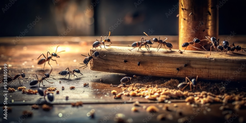 moody low-angle shot of ants scurrying across worn wooden table leg ...