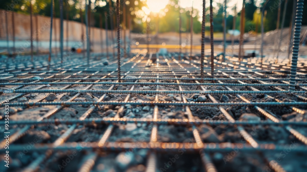 Reinforcing bars create an intricate grid pattern at a construction ...