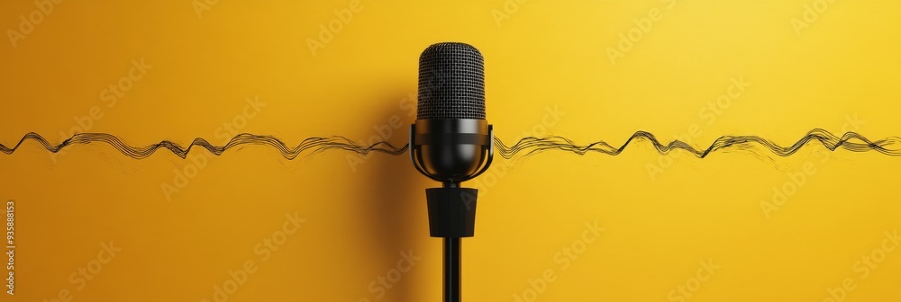 Microphone with Sound Waves on Yellow Background - A black microphone ...
