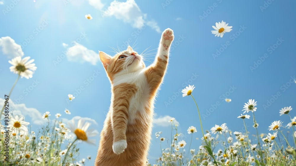 Playful Kitten Reaching for a Daisy in a Field of Flowers - A cute ...