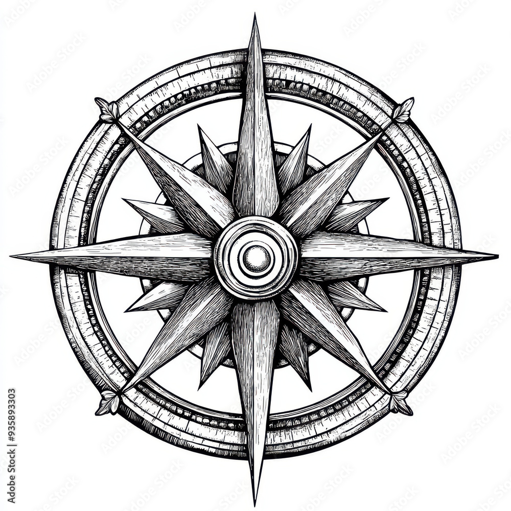 Black and white Vintage engraved art of a classic compass rose ...