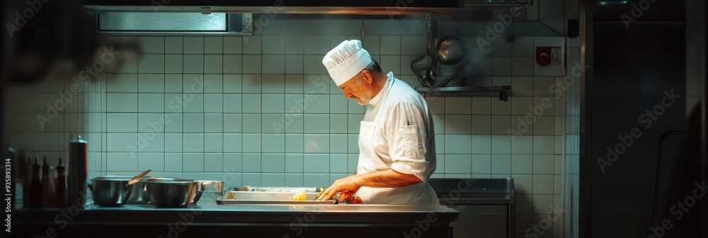 Professional Chef Working in a Restaurant Kitchen - A chef in a white ...