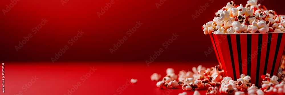 Red Popcorn Bucket with Spilled Kernels on Red Background - A red and ...