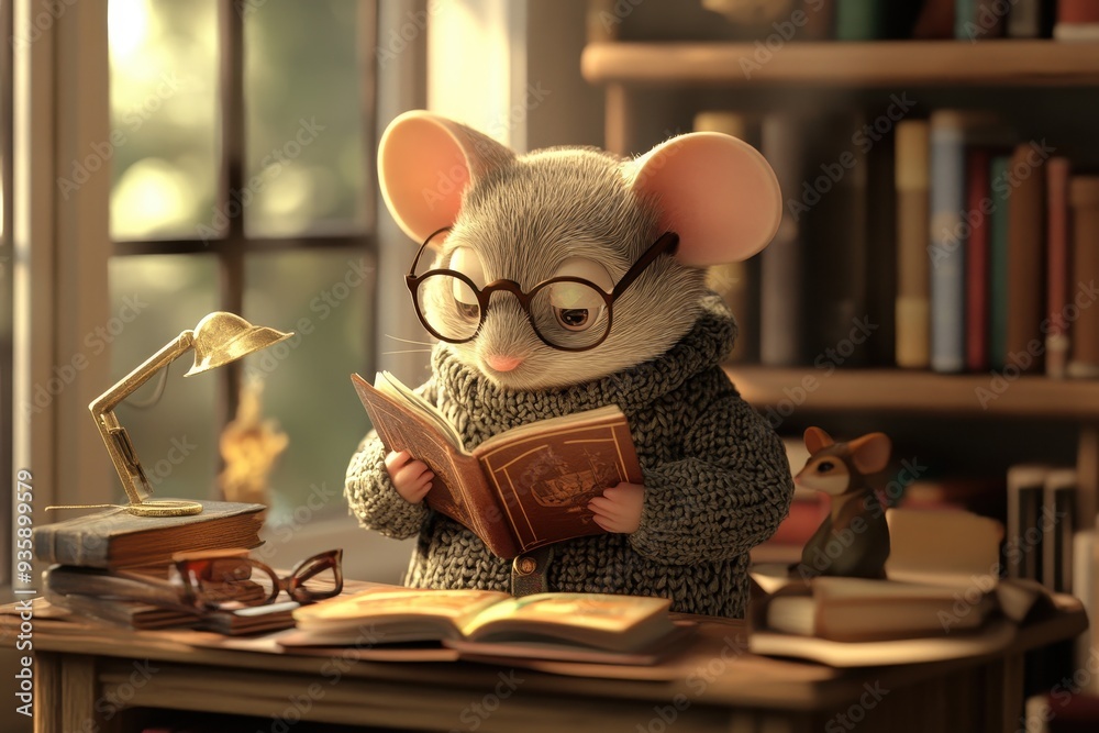 Librarian Mouse: A mouse in a cardigan and glasses, reading a book at a ...