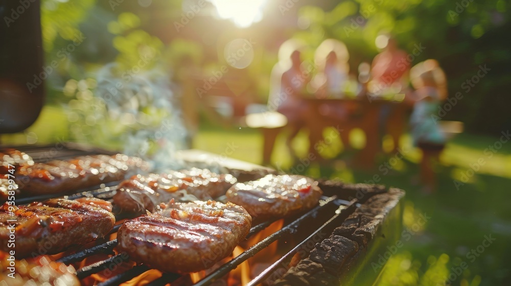 Backyard BBQ: The grill sizzles with burgers and hotdogs as the family ...