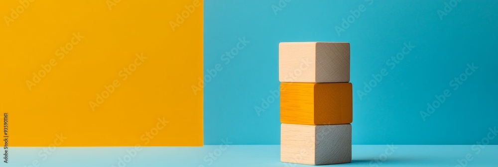 Stacked Wooden Blocks Against a Yellow and Blue Background - Three ...