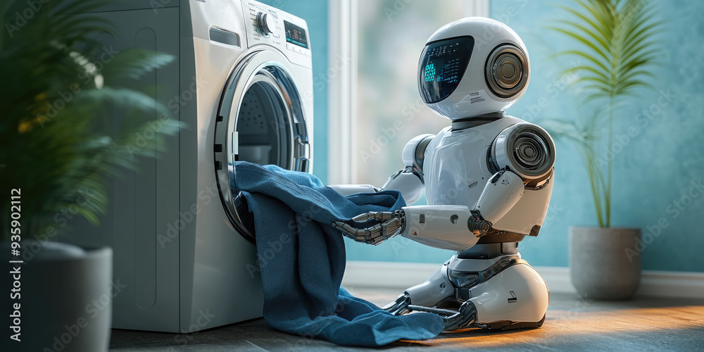 Cute robot is sitting on the floor near the washing machine and holding ...
