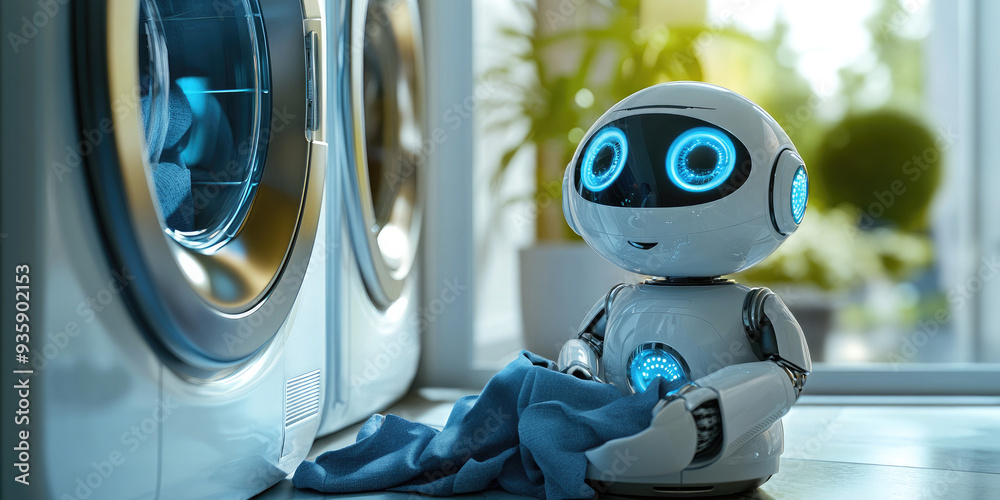 Cute robot is sitting on the floor near the washing machine and holding ...
