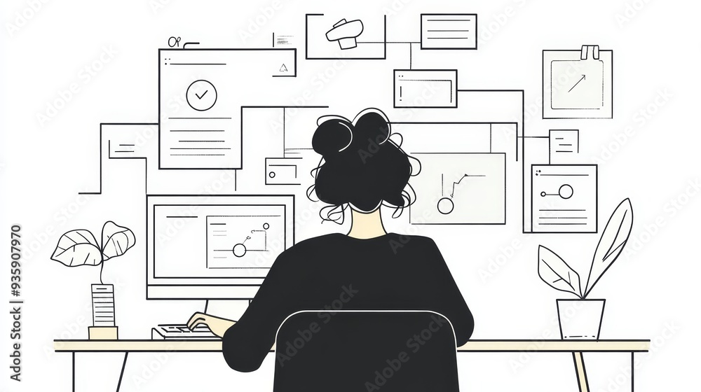 Woman working on a computer with flowcharts and diagrams on the wall ...