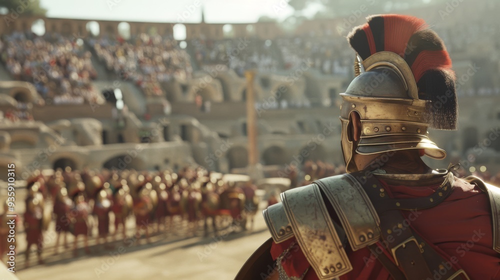 A Roman general, clad in resplendent armor, gazes over a full arena ...
