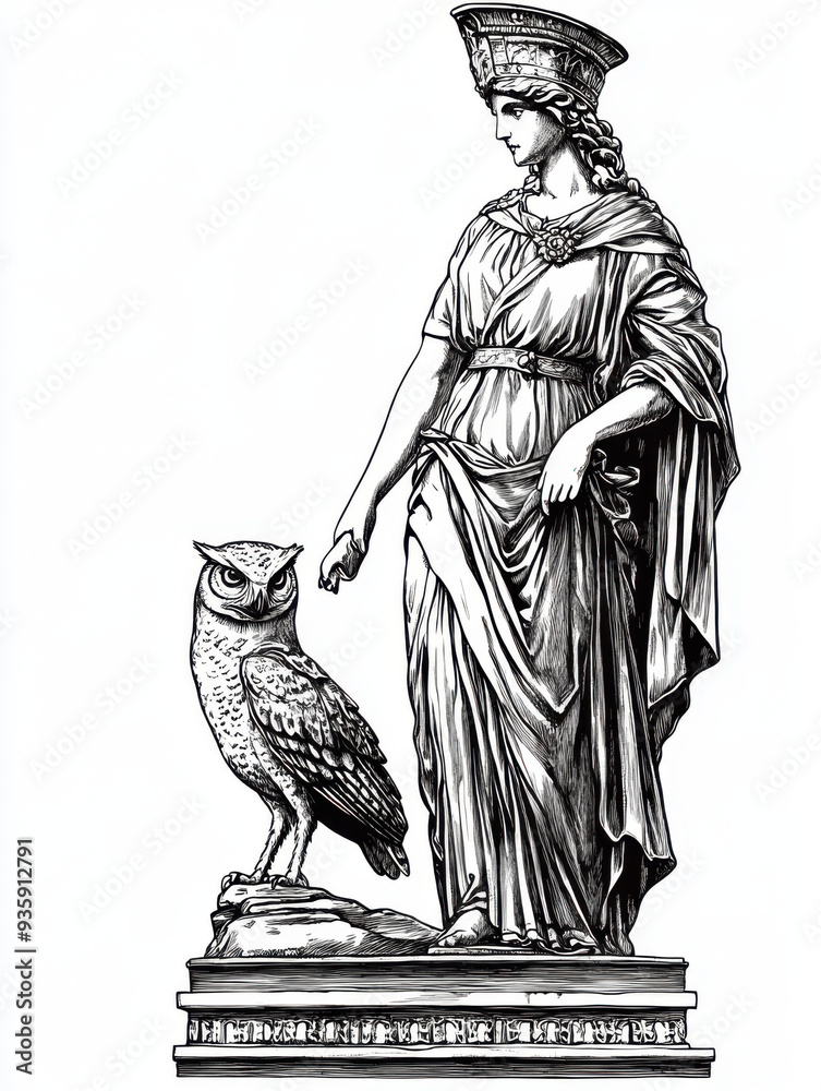 Black and white Vintage engraved art of a classic statue of Athena with ...