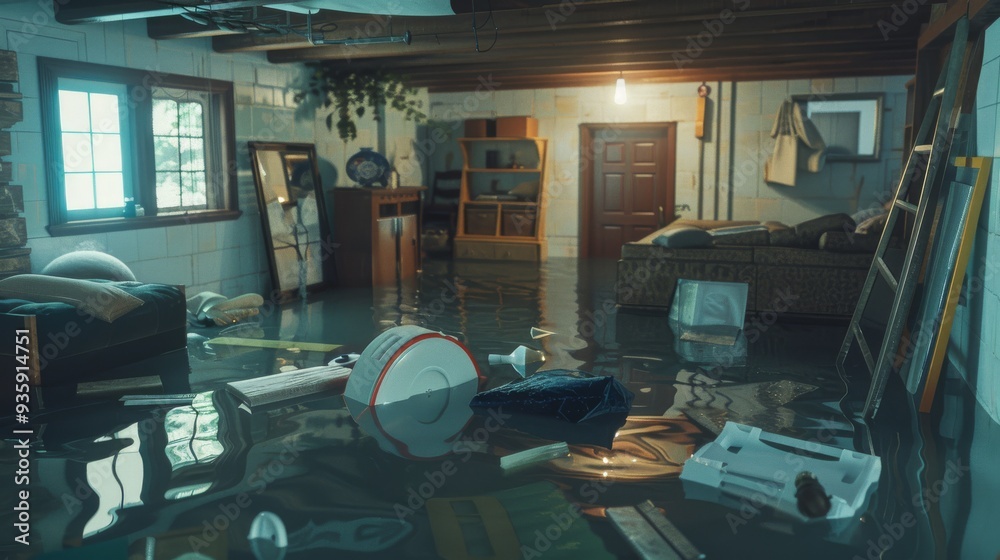 A flooded living room with furniture and belongings submerged ...