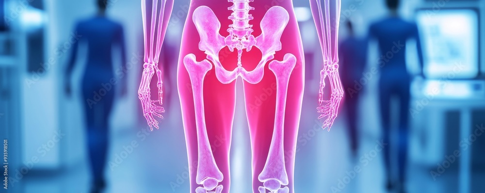 Detailed illustration of human skeletal structure focusing on the hip ...