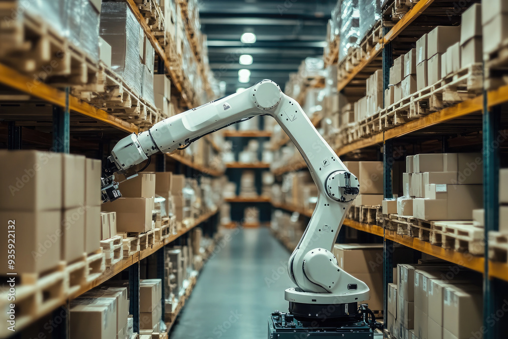 White robotic arm is lifting a package from a shelf full of cardboard ...